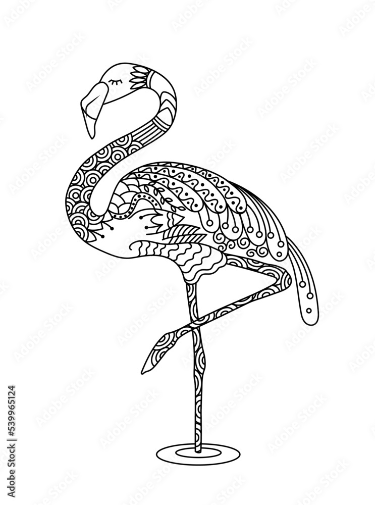Cute flamingo. Doodle style, black and white background. Funny birds ...