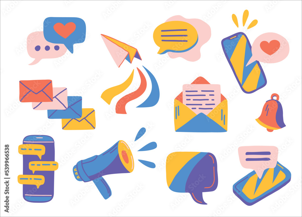 Messaging symbol cartoon set. Collection of design elements for social ...
