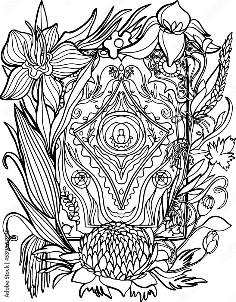 Vintage magic book with swirls and fantasy flowers and leaves. Coloring ...