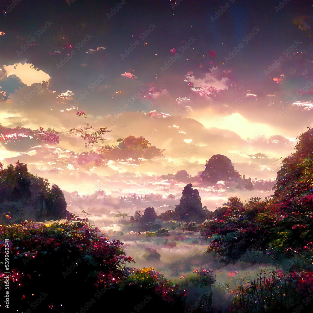 WIde Angle Japanese Anime Landscape Background. Clear Sky with Dynamic ...