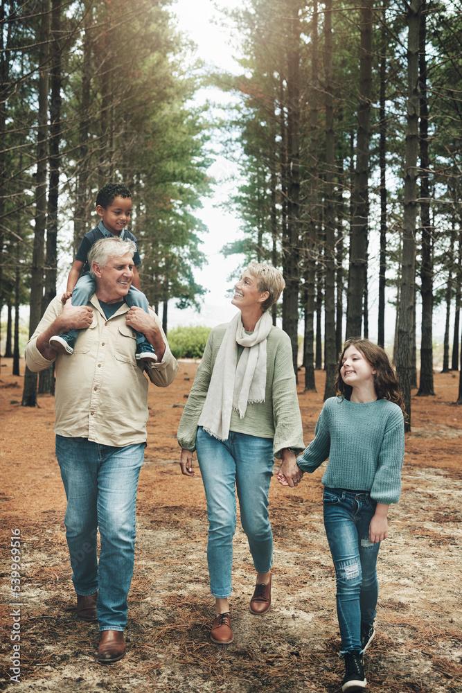 Foto de Family, grandparents and children in forest adventure together ...
