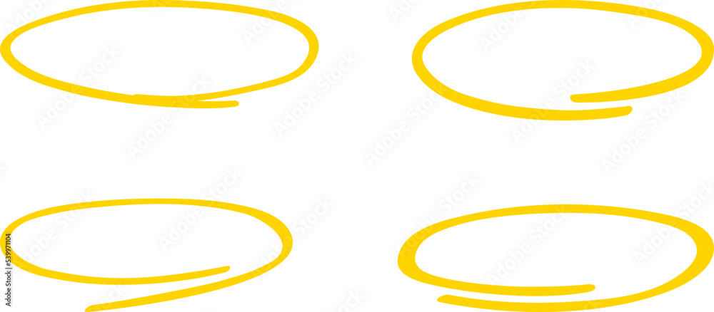 Yellow circle, pen draw set. Highlight hand drawing different circles ...