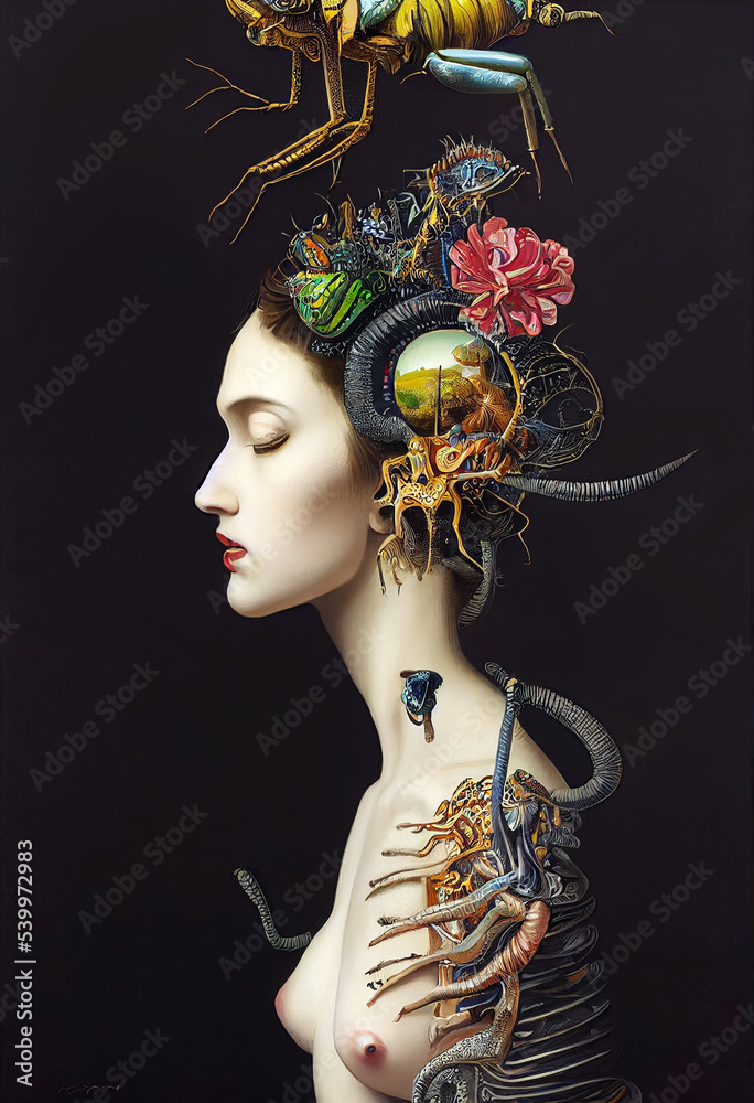 female surrealistic portrait with insects and bones Stock Illustration ...