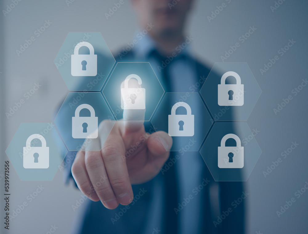 Businessman touching user interface and using finger print biometrics ...