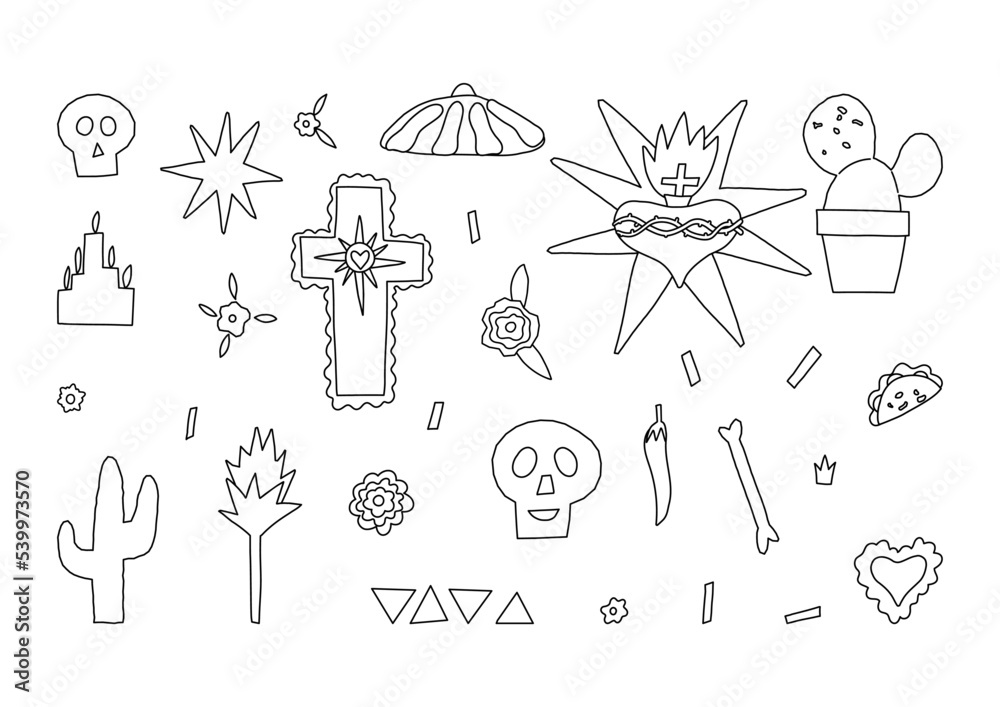 Dia De Los Muertos or Day of the Dead doodle clipart set. Cactus ...