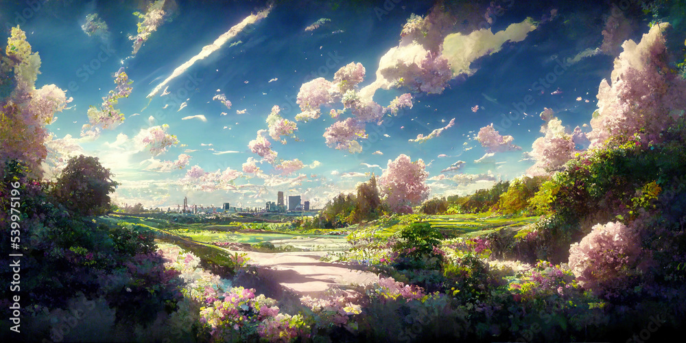 WIde Angle Japanese Anime Landscape Background. Clear Sky with Dynamic ...