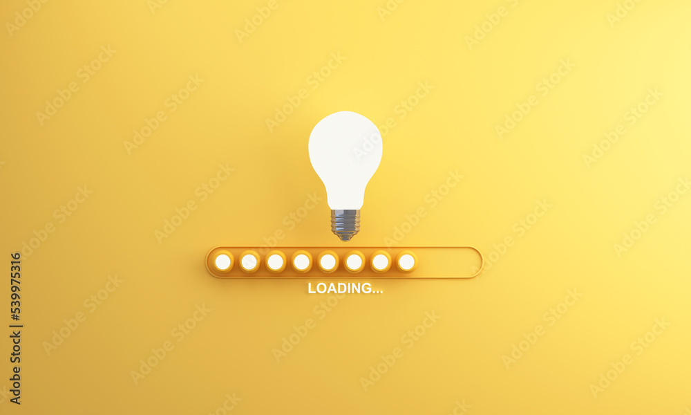 Loading bar almost complete with idea beeing processed on a lightbulb on pastel background. 3d ...