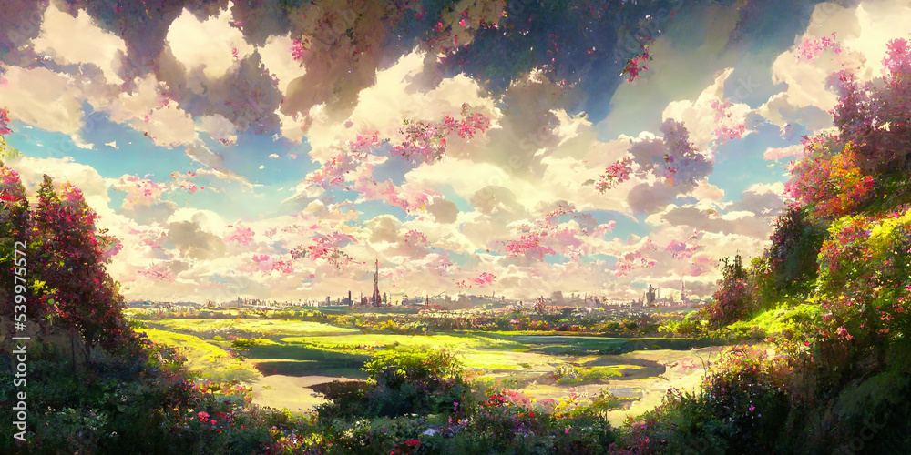 WIde Angle Japanese Anime Landscape Background. Clear Sky with Dynamic ...
