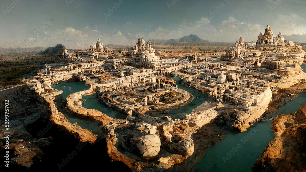 Aerial view of an ancient Middle Ages town with a lake and a feudal ...