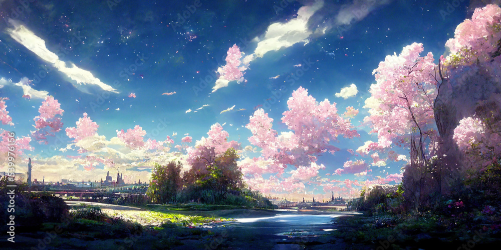 WIde Angle Japanese Anime Landscape Background. Clear Sky with Dynamic ...