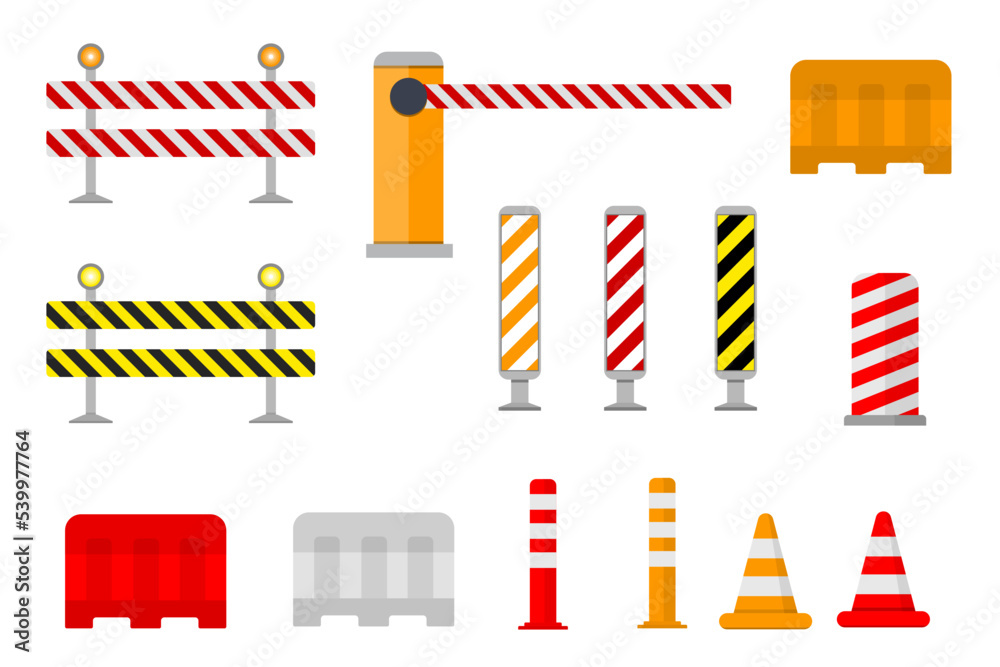 Collection of road barriers vector illustration in flat style. Set of ...