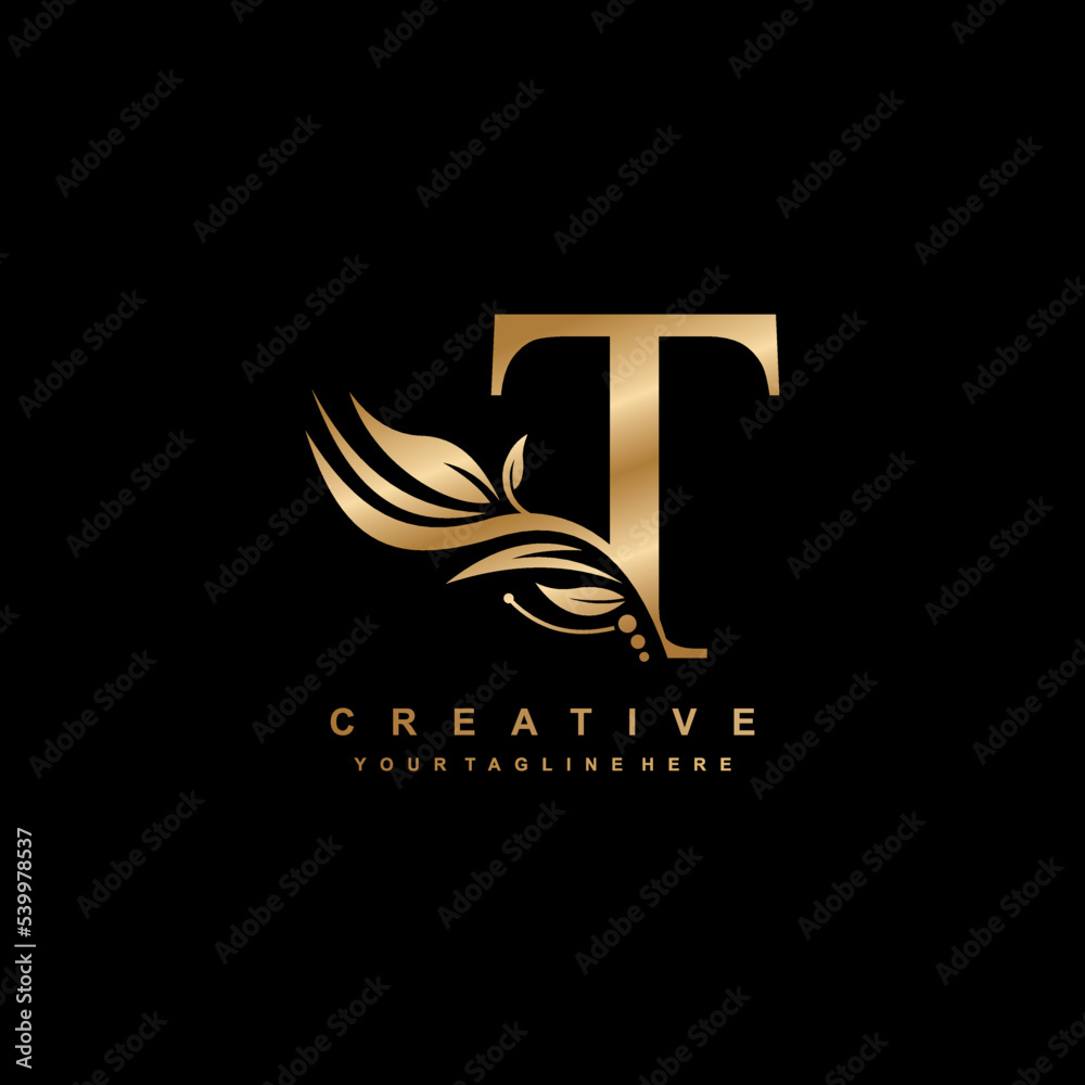 gold letter T logo design with luxurious and beautiful leaf ornament. T ...