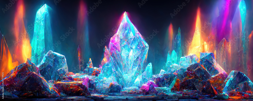 Sparkling multi-colored crystals with rays of light on black background ...