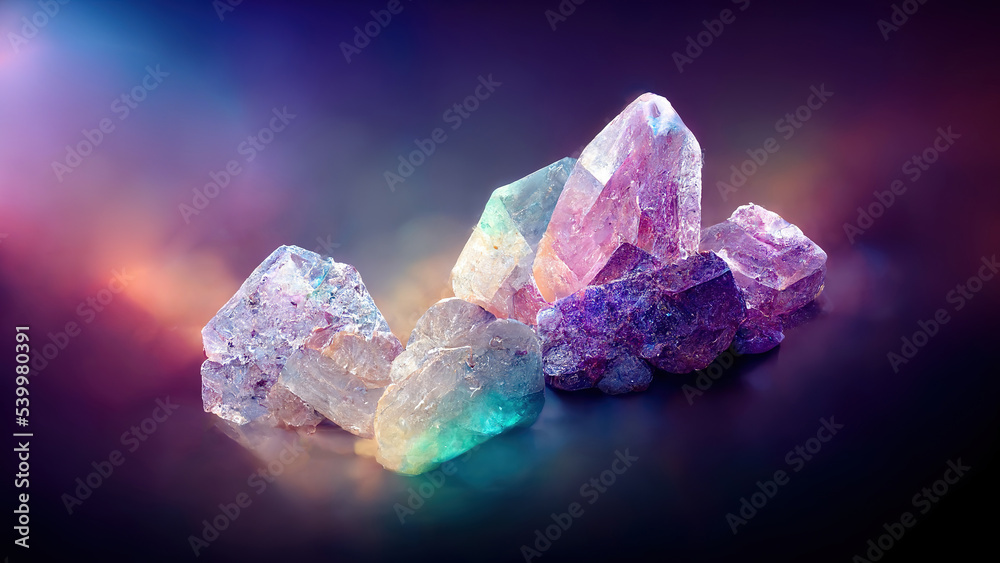 Sparkling multi-colored crystals with rays of light on black background ...