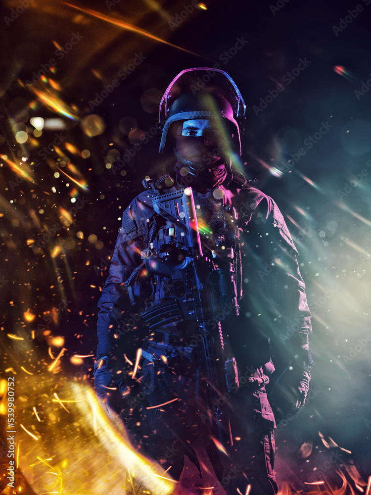 Army soldier in Combat Uniforms with an assault rifle and combat helmet ...