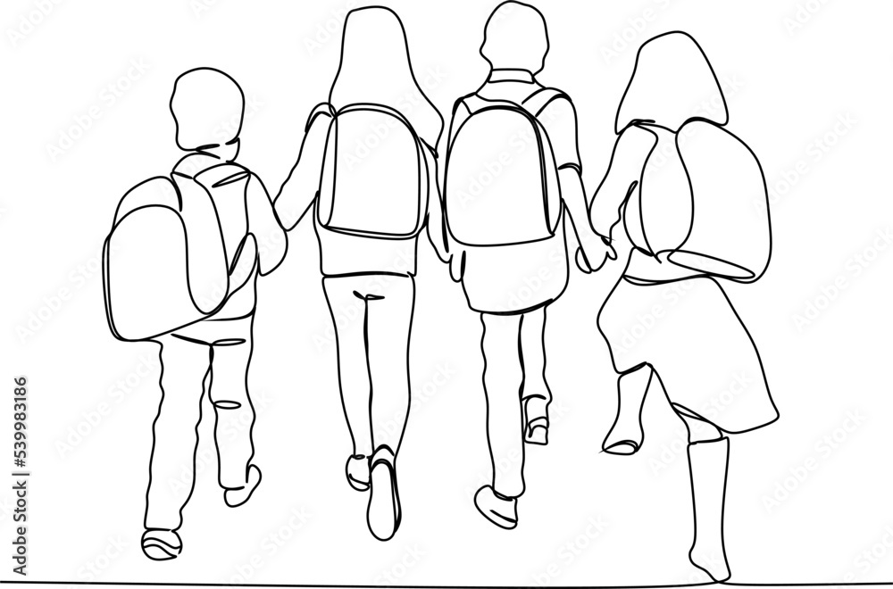 Children going to School with backpacks continuous line drawing, vector ...