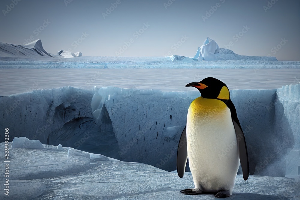 An emperor penguin stands in the middle of a snowstorm on a glacier and ...