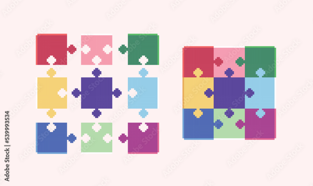 Puzzle game pixel art set. Colorful jigsaw pieces collection. 8 bit ...