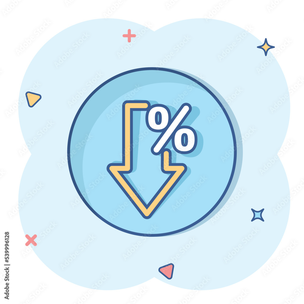 Decline arrow icon in comic style. Decrease cartoon vector illustration on white isolated ...