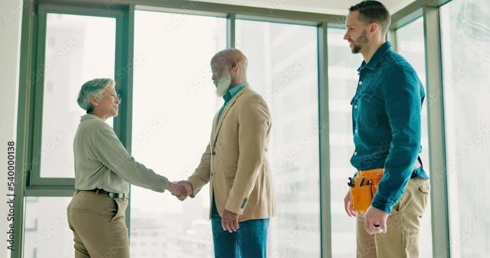 Partnership, handshake and architect meeting with contractor in city ...