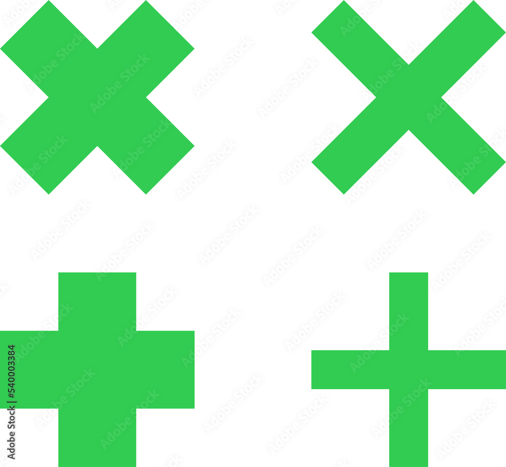 Set of green filled cross, plus sign shapes design element. Isolated ...