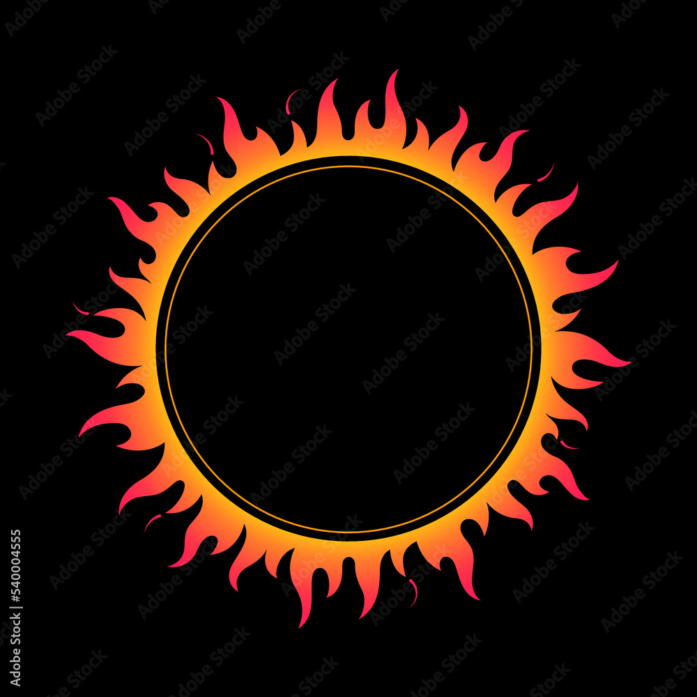 Sun crown with tongues of fire, vector fire ring, circle, burning frame ...