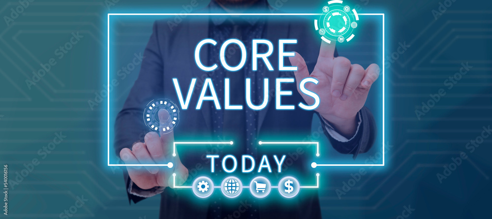 Hand writing sign Core Values. Internet Concept principles which guide ...