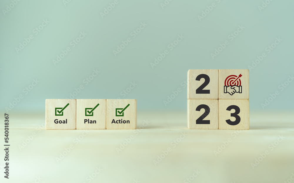 2023 Business action plan concept. Wooden cubes with text 2023, goal ...