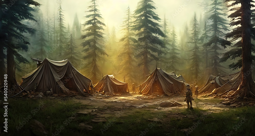 Postapocalyptic military encampment in the forest. Illustration. Stock ...