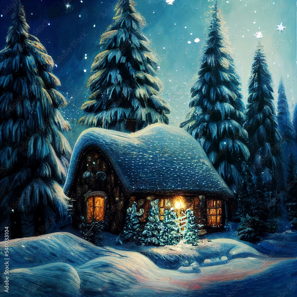 Christmas night fantasy: tiny fairytale house in the wood with warm ...