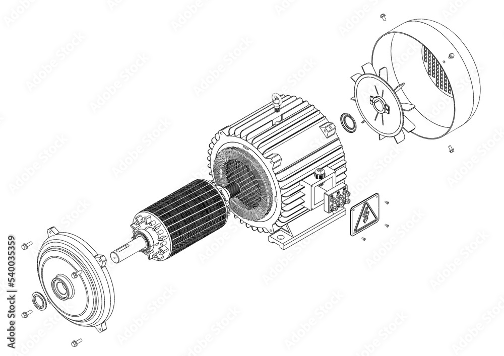 Electric motor, exploded view 3D rendering black and white isolated on ...