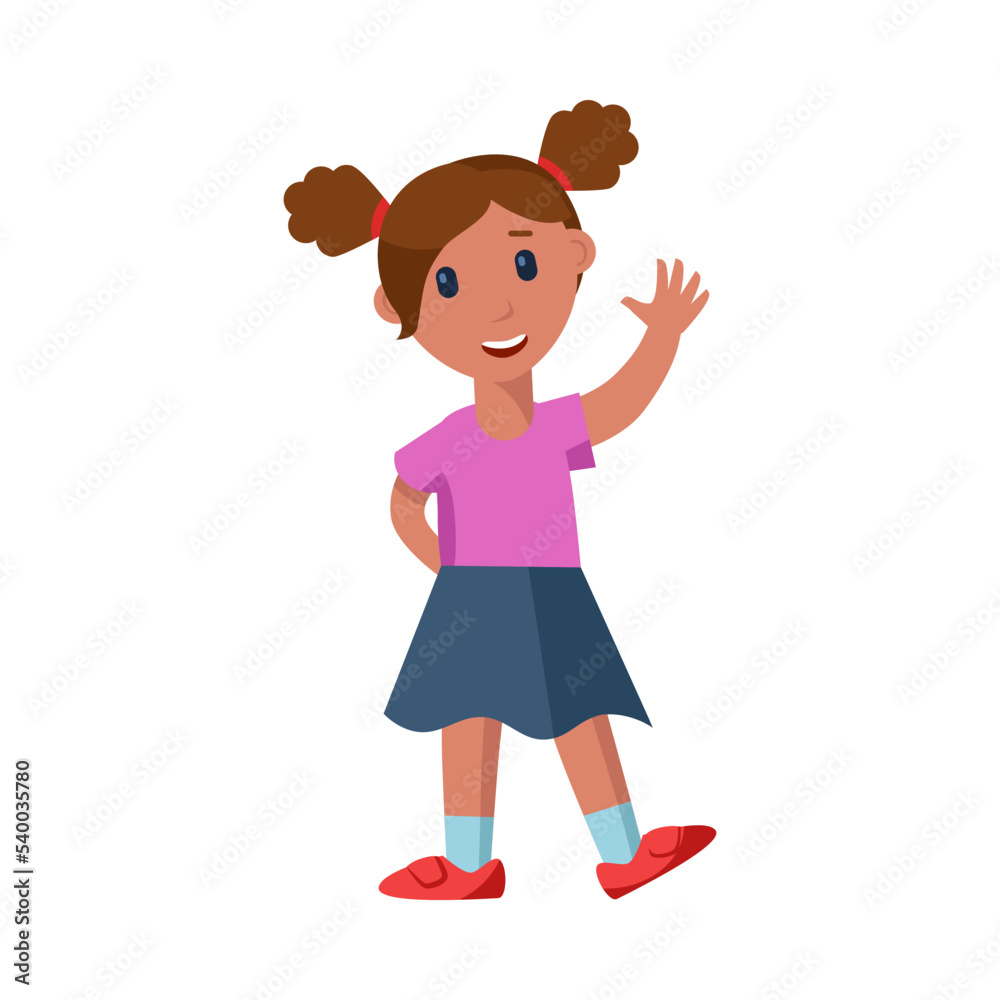 Cute little girl waving hello cartoon vector illustration. Happy kid ...
