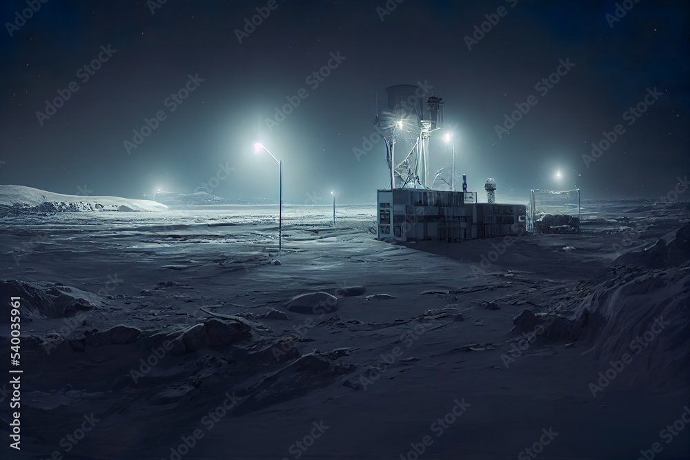 Antarctica sci-fi research station in dark snowy environment ...