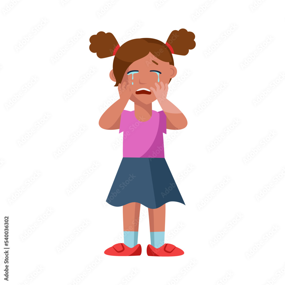 Cute little girl crying cartoon vector illustration. Sad kid character ...