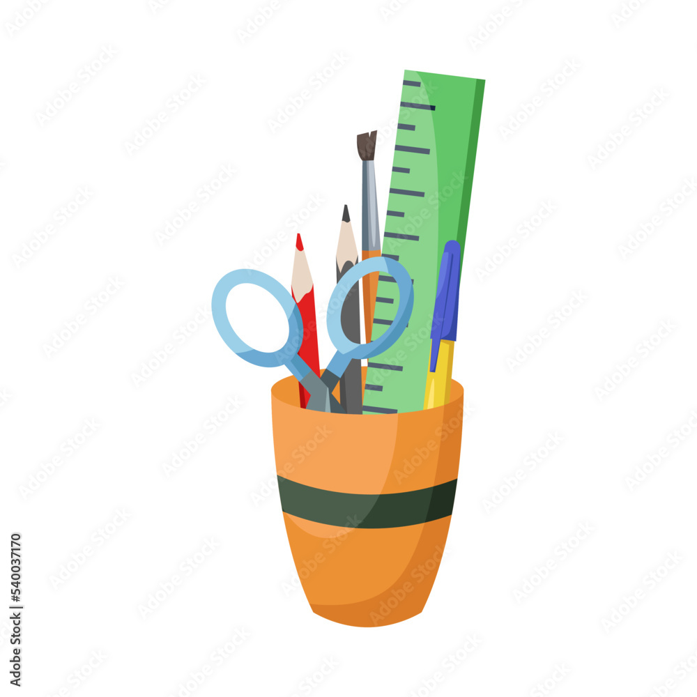 Cup with different school supplies vector illustration. Cartoon drawing ...
