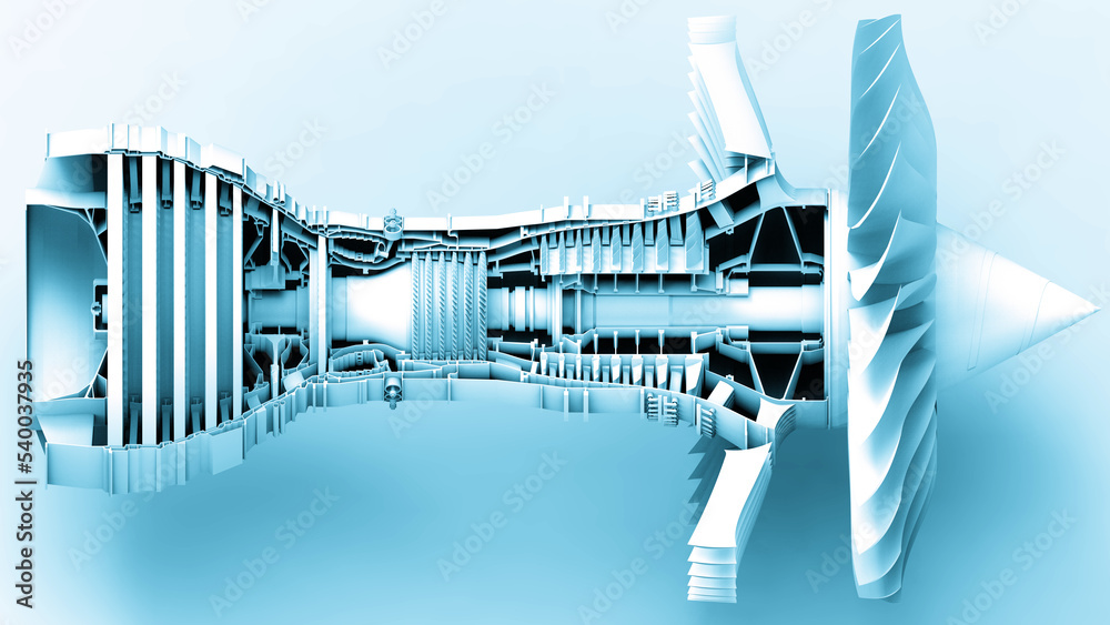 Blue Tone Cross section of white jet engine under white background ...