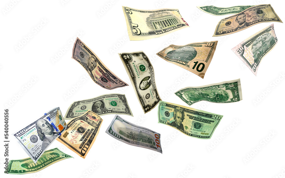 Flying money, dollar bills of various denominations tend to grow Stock ...