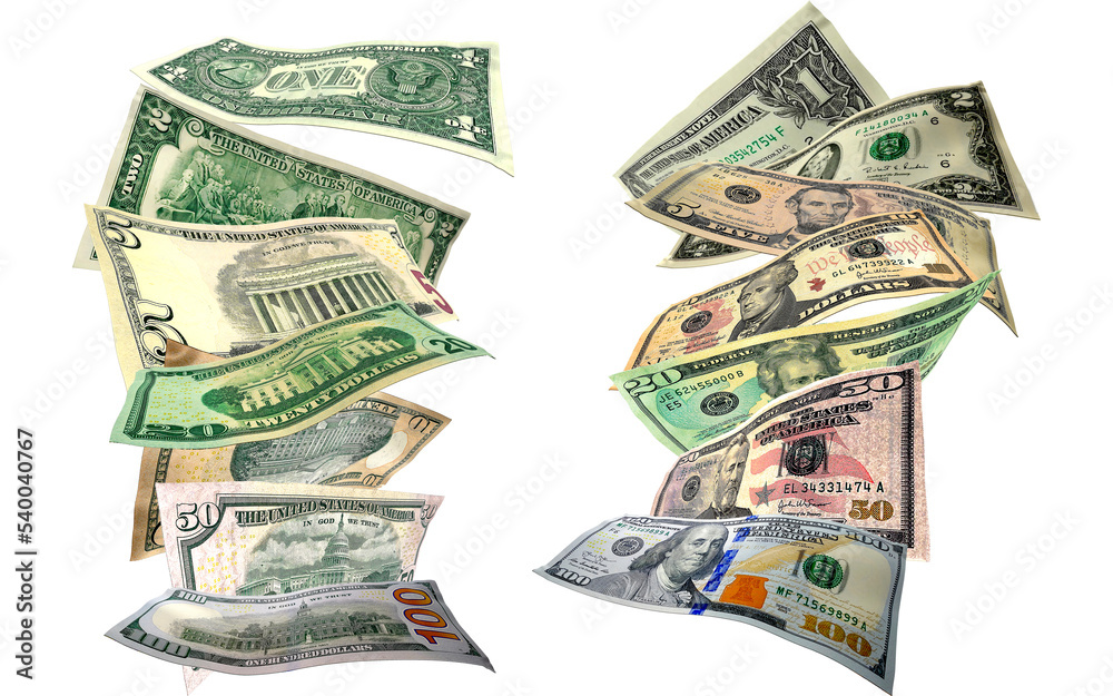 Flying money, two columns of banknotes of all denominations, background ...