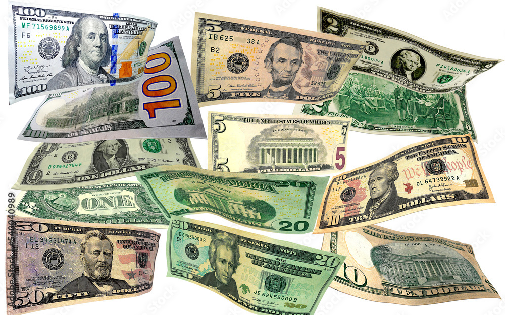 Flying money, US state bank dollar bills in denominations from one to ...