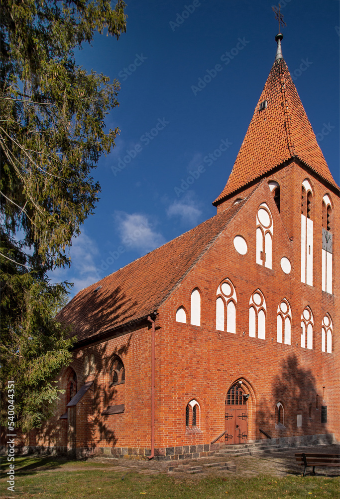 General view and architectural details of the Protestant temple ...