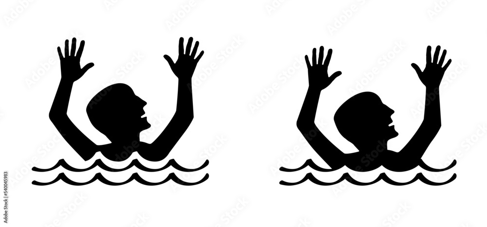 Cartoon man or woman to to sink in to the water. Stickman and two hands ...