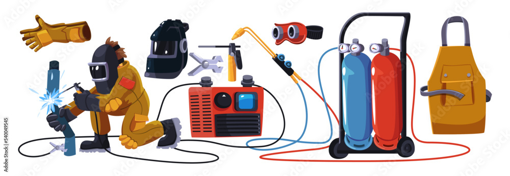 Welder character and equipment vector illustrations set. Cartoon ...