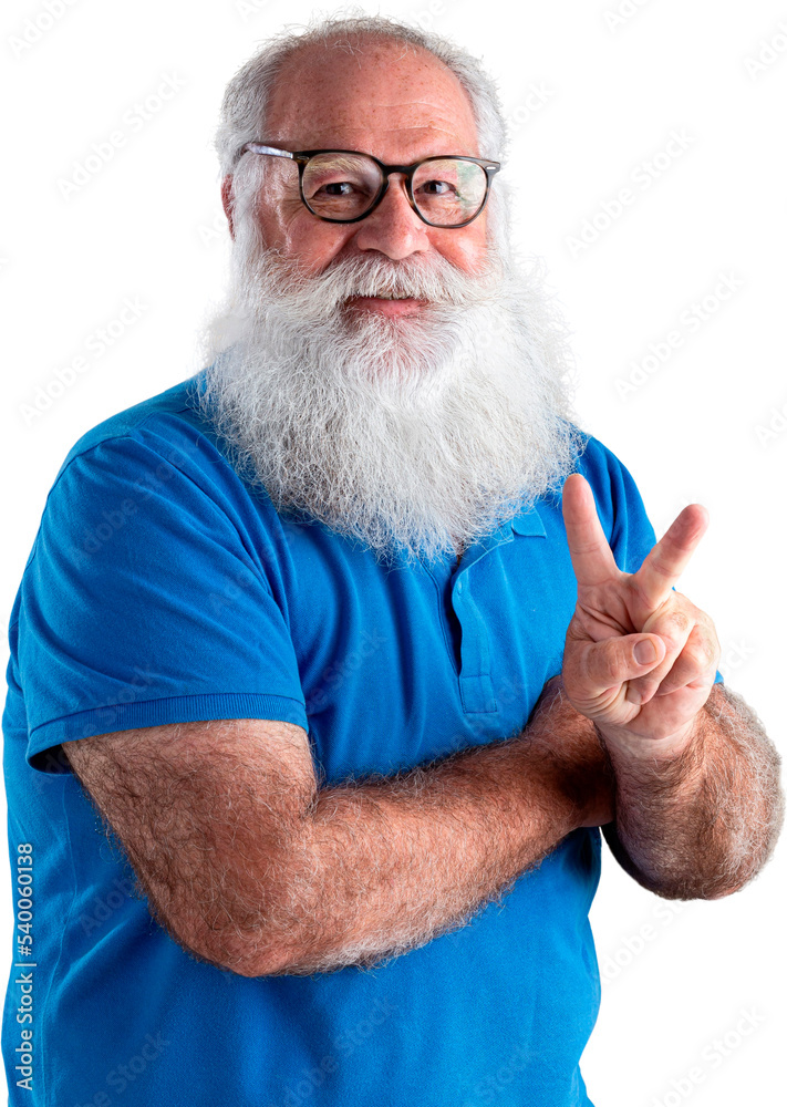 Smiling senior with a long white beard man making two times or v sign ...