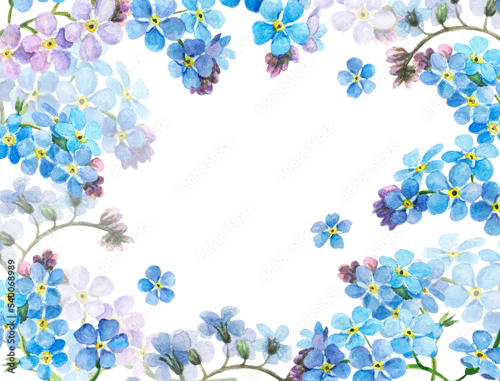 Watercolor frame with spring flowers - forget me nots, botanical ...