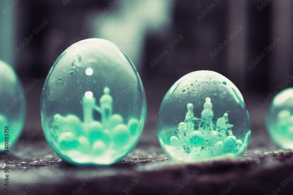 Colorful alien eggs at the streets of the a big city. Various monster ...