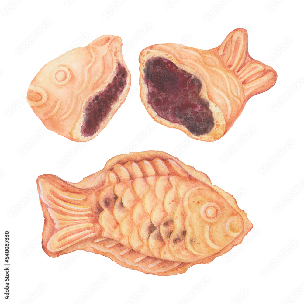 Watercolor illustration of Korean Fish-Shaped Pastry set. Japanese fish ... Watercolor illustration of Korean Fish-Shaped Pastry set. Japanese fish ...