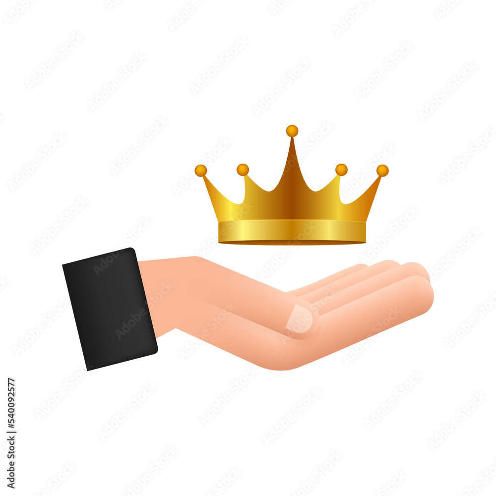 Crown of king hanging over hands isolated on white background. Gold royal icon. Vector stock ...