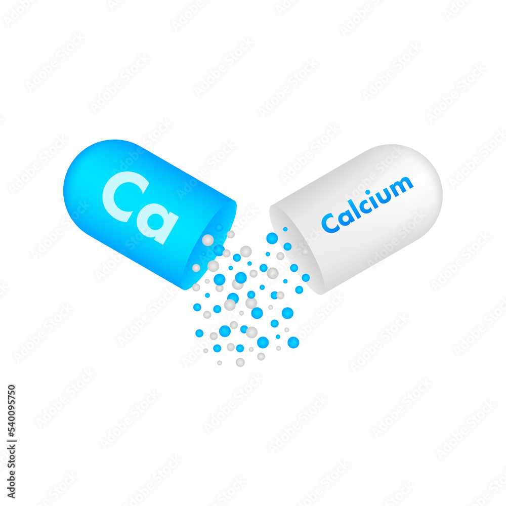 Blue calcium on white background. Calcium mineral. Ca pill capsule ...