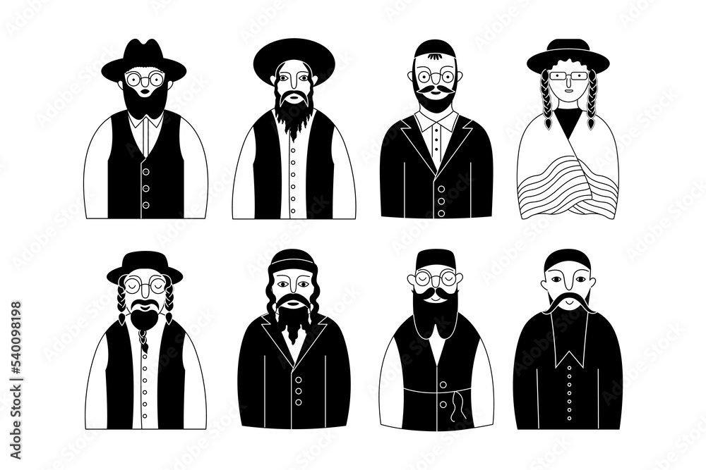 Jews characters in kippah, tefillin, fedora, and homburg. Set of Israel ...