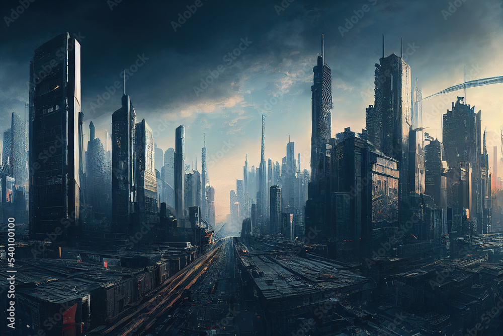 Cyberpunk City Panorama Futuristic Concept Art Illustration Stock